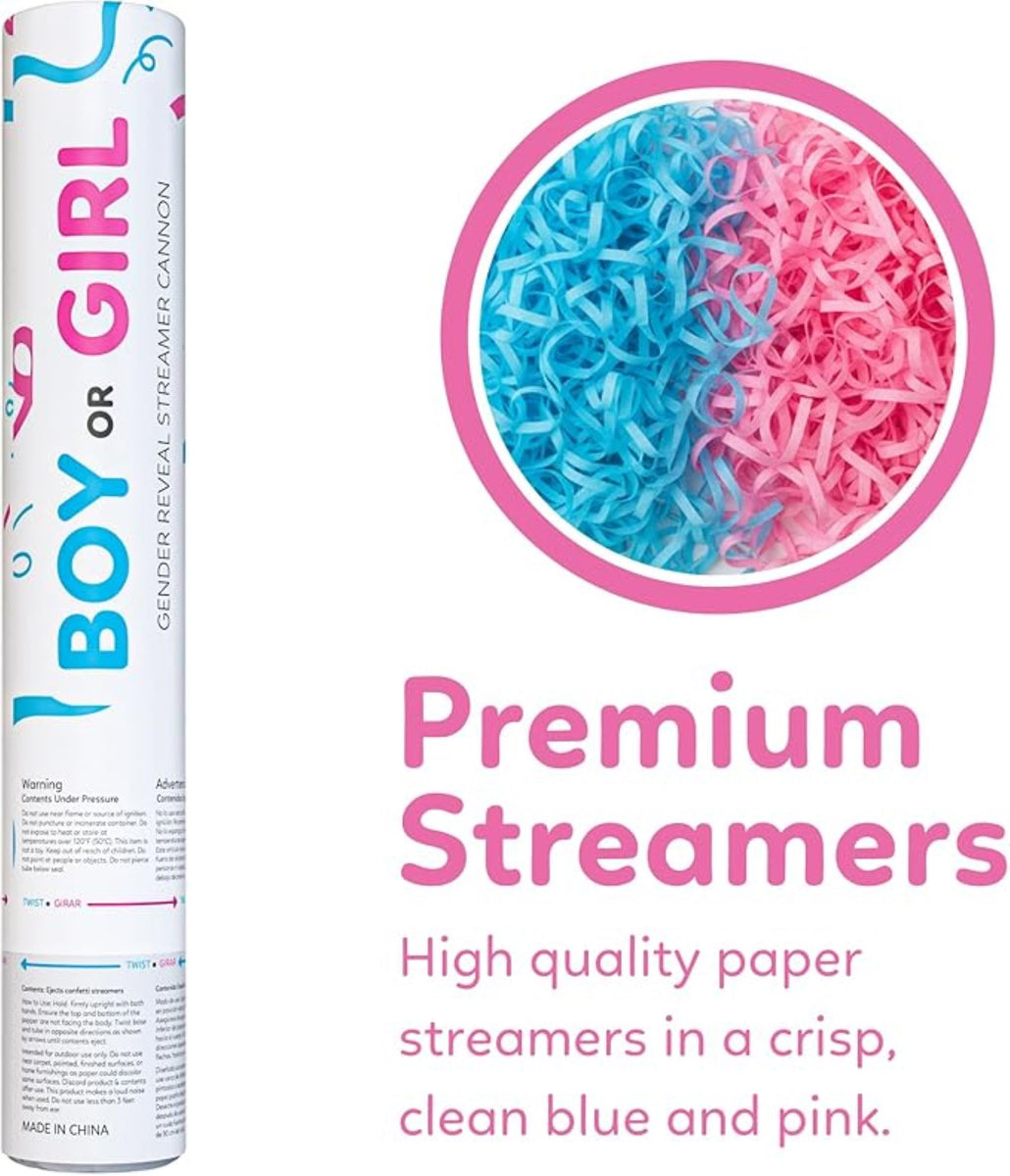 Gender Reveal Streamer, 3 Blue and 3 Pink Cannons, Multicolor Streamer